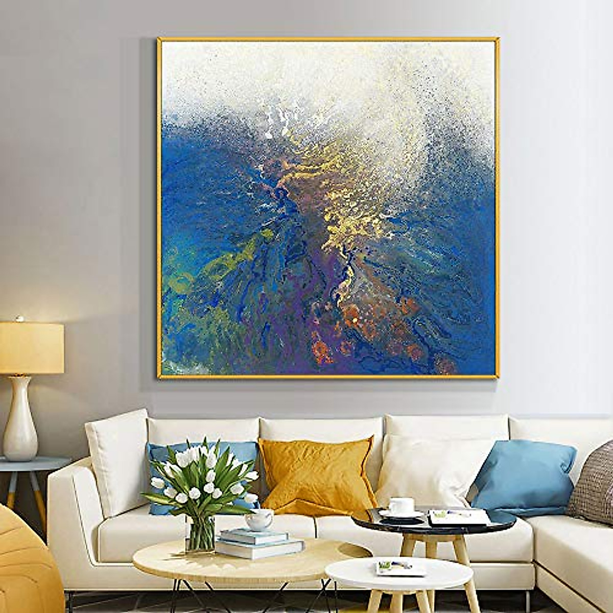 Hand Painted Oil Painting On Canvas Abstract Blue Seascape 3D Colorful Modern Painting Wall Art,31inx31in,No Frame