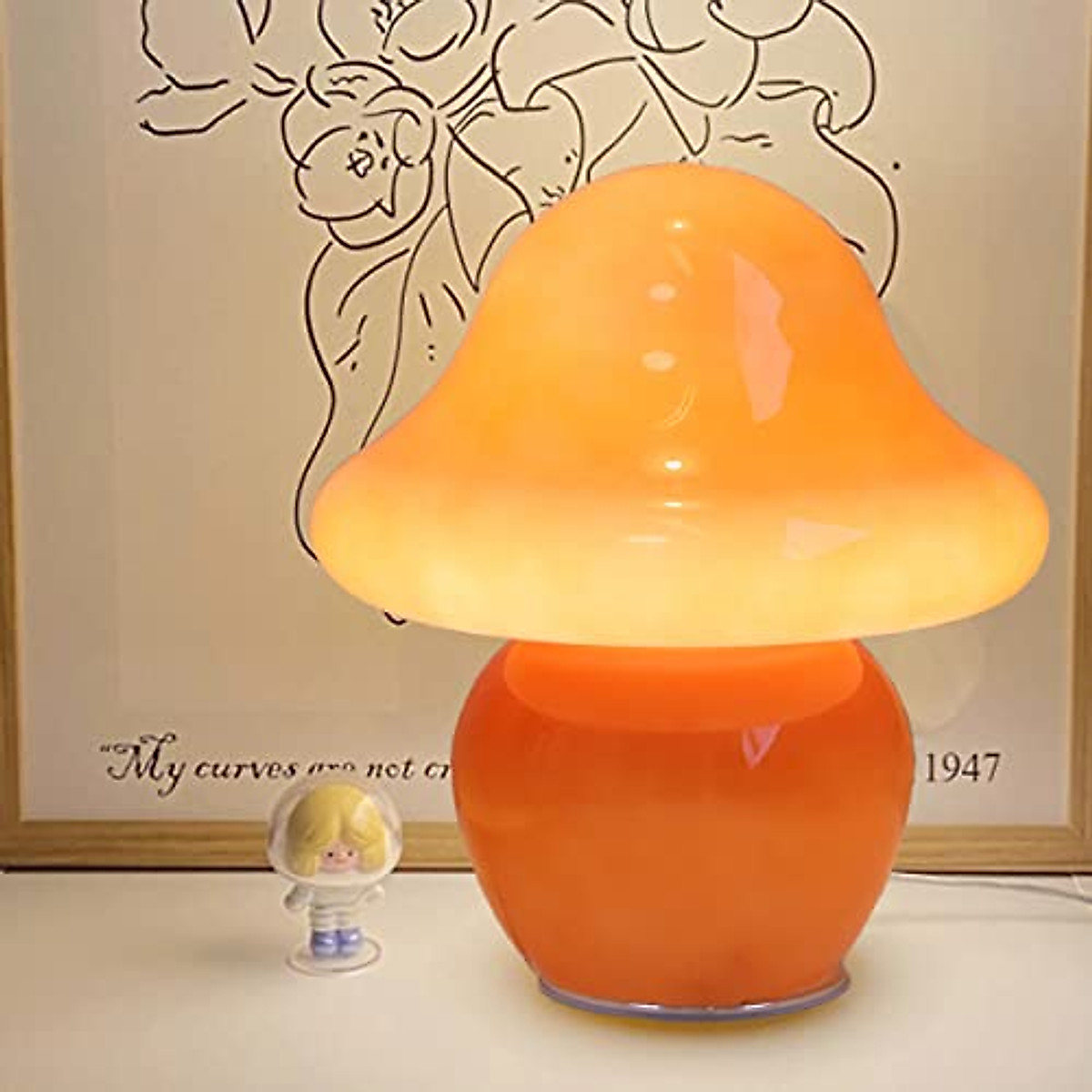 HEQET Mushroom Lamp Orange Glass Mushroom Table Lamp for Bedrooms, Living Room, Aesthetic Lamps for Bedroom, Cute Bedside Lamp