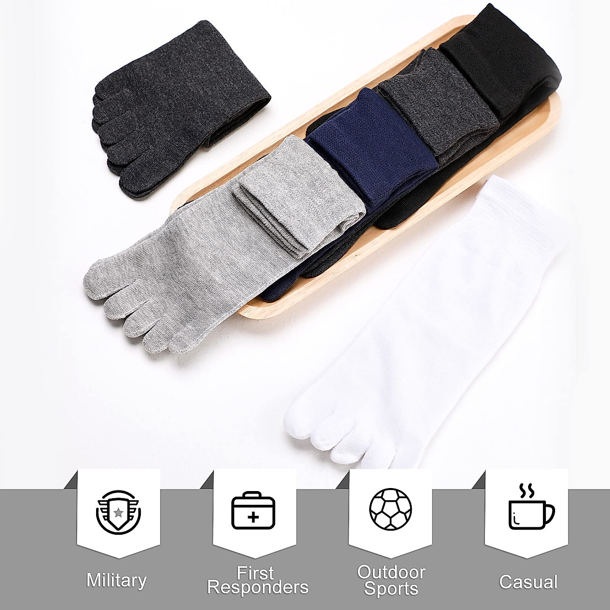 Kenning 15 Pairs Five Toe Socks Mens Polyester Cotton Crew Running Liner Athletic Finger for Winter Activities Hiking Yoga, 5 Colors, Black, Light Grey, Dark Navy Blue and White, One Size