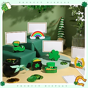 Kigley 18 Pcs St. Patrick Wooden Place Card Holder and 25 Pcs Gold Foil White Card Shamrock Wooden Table Sign Picture Number Sign Stands Holder for Spring Wedding Party Events