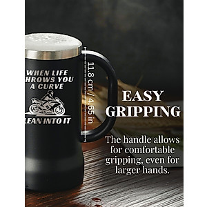 Onebttl Motorcycle Gifts for Men, When Life Throws You a Curve, Lean into it, Stainless Steel Beer Stein Tumbler, 24oz Beer Mug with Lid