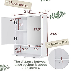 GLACER Wall Mounted Storage Cabinet, Bathroom Medicine Cabinet with Double Mirrored Doors and Adjustable Shelf, Ideal for Bathroom, Living Room, Cloakroom, 21.5 x 5.5 x 24.5 inches (White)