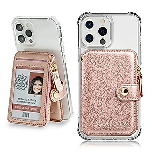 M-Plateau Phone Wallet, PU Leather Card Holder with Zipper Coin Pocket Compatible with iPhone 14 and iPhone Case for Women 3M Adhesive Phone Card Holder with Magnetic Closure(Pink)