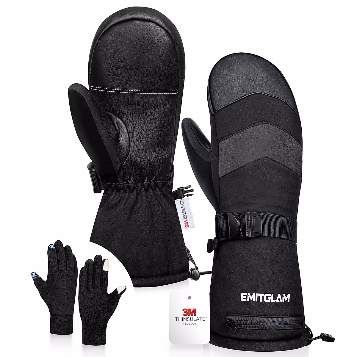 EMITGLAM 2 in 1 Winter Ski Mittens for Men & Women with Fleece Glove Liners, Waterproof Winter Ski Gloves Made with 3M C100 Insulation, 5-Layer Fabric Snowboard Mittens with Touchscreen Inner Gloves
