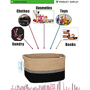 LANGYASHAN Rectangular Woven Rope Basket Decorative Blanket Basket for Living Room Storage or Nursery Laundry Hamper Basket with Handles Laundry Basket (Black Invisible Handle)