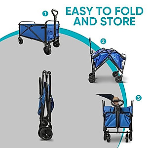 Collapsible Foldable Wagon, Beach Cart Large Capacity, Heavy Duty Folding Wagon Portable, for Outdoor Sports, Shopping, Camping, Blue