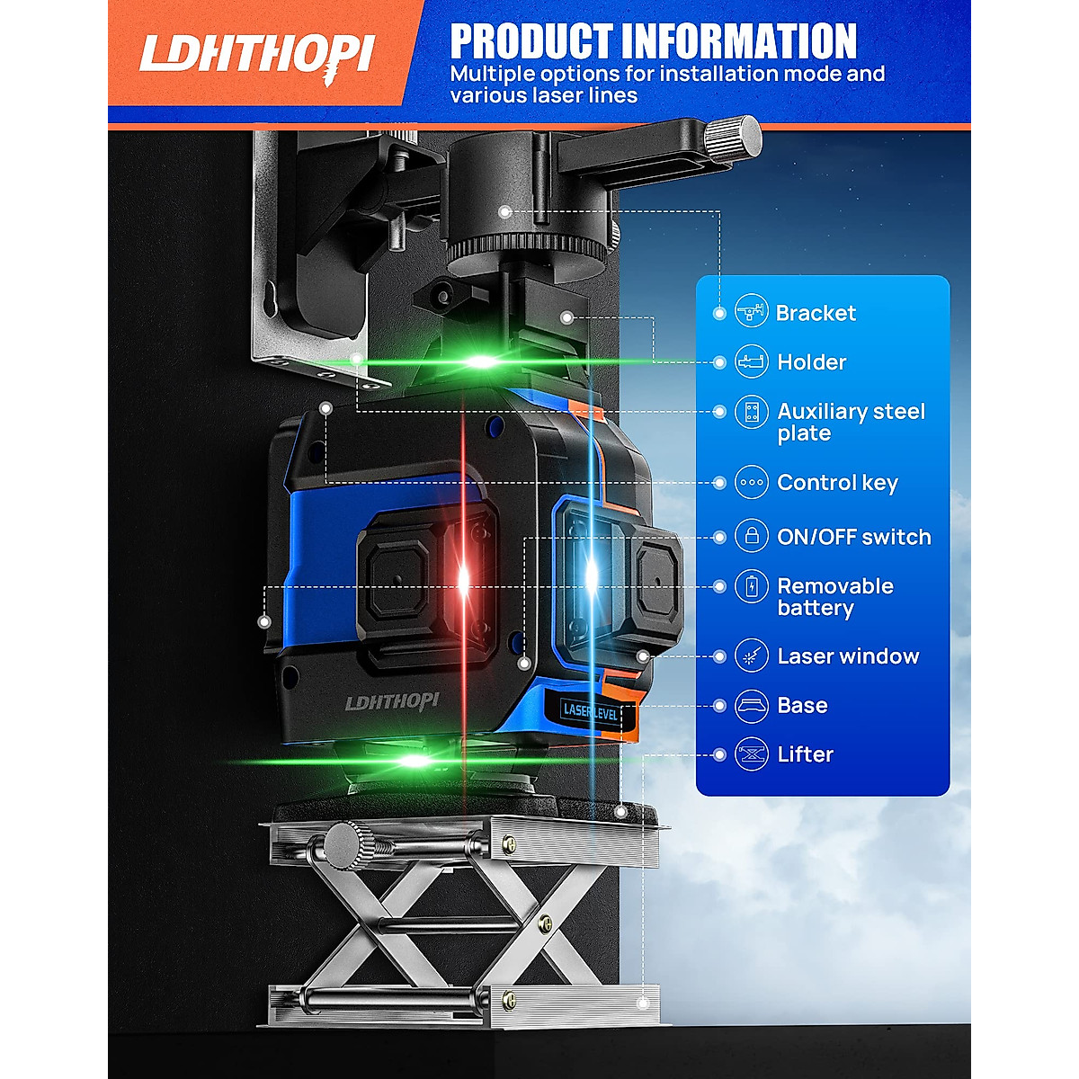 LDHTHOPI 4D 200FT Laser Level, Red/Green/Blue 3 Color laser level 360 self leveling, 16 Cross Line Laser with 2 Rechargeable Batteries for Ceiling, Floor, Construction and Picture Hanging