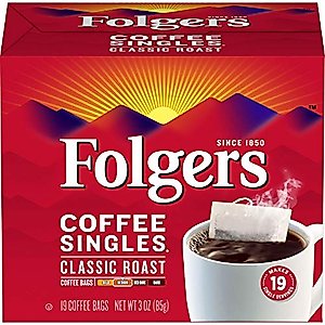 Folgers Coffee Singles Classic Roast Medium Roast Coffee, 19 Single Serve Coffee Bags