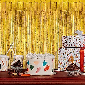 4 Pack 3.2ft x 8.2ft Gold Foil Fringe Curtain Backdrop Metallic Tinsel Foil Fringe Curtains Photo Booth Backdrop for Birthday Party Decorations Christmas Baby Shower Party Decorations (Gold)