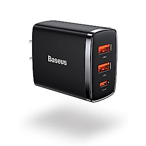USB C Wall Charger, Baseus 30W 3-Port Charger Block, Fast Compact PD Charger for iPad Pro/Air/Mini, iPhone 13/13 Pro Max/12/SE/11/XR/XS, Samsung, AirPods, MagSafe, Apple Watch, Pixel, LG, Black