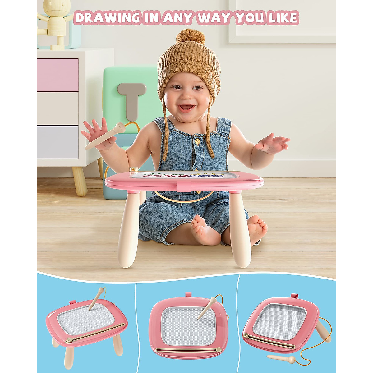Kikapabi Toys for 1 2 Year Old Girl, Magnetic Drawing Board for Early Learning, Birthday/New Year Gift for Baby Boys, Doodle Board Kids Toddlers 1-3(Pink)