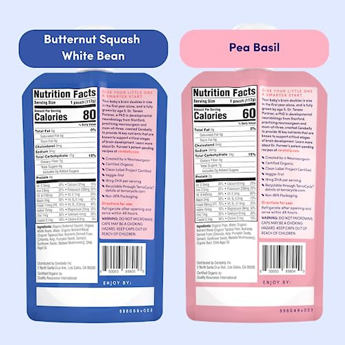 Cerebelly Baby Food Pouches - Organic Beans & Veggies Purees Variety Pack (4 oz, Pack of 8) Toddler Snacks - 16 Brain-supporting Nutrients - Healthy Snacks, Gluten-Free, BPA-Free, Non-GMO