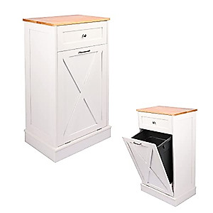 TOLEAD Tilt Out Trash Cabinet Free Standing 10 Gallon Recycling Trash Can Cabinet with Barn Door for Farmhouse Kitchen,Living Room, Dining Room, White