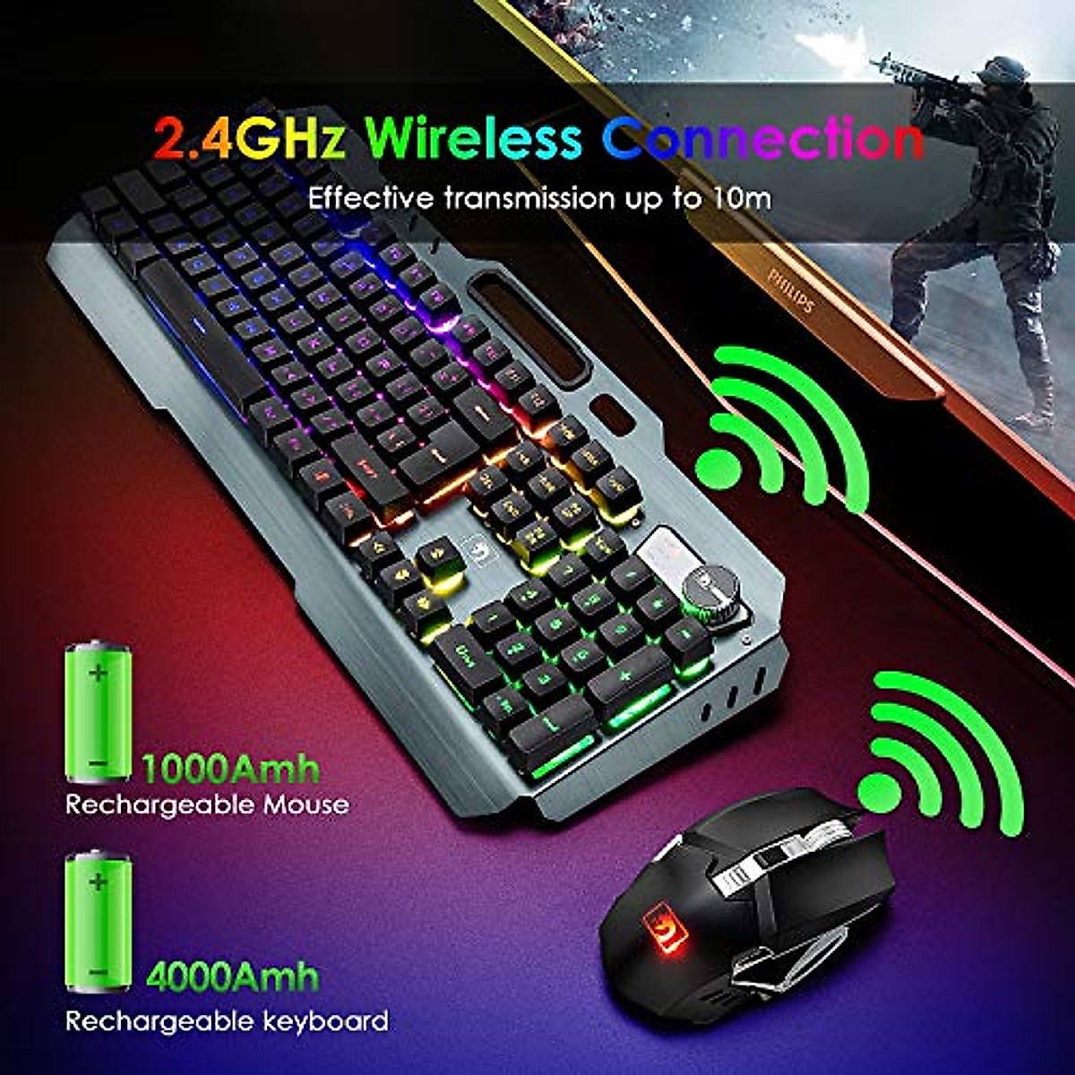 Wireless Gaming Keyboard and Mouse,16 Kinds RGB LED Backlit Rechargeable Keyboard Mouse with 4800mAh Battery Metal Panel,Mechanical Feel and Gaming Mute Mouse for Computer Gamers(Black RGB Backlit)
