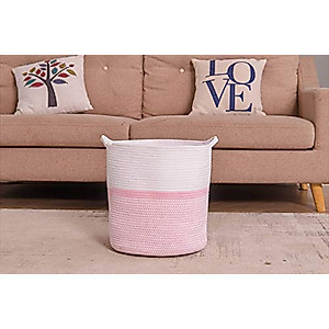 Pink Cotton Rope Laundry Basket with Handles Woven Portable Basket Cute Pink Nursery Blanket Storage Basket for Girl Clothes Hamper Home Decor Basket