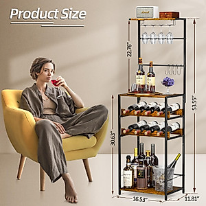 5-Tier Wine Rack Freestanding Floor, Liquor Bar Stand with Glasses Holder and 4 S Hooks, Corner Mini Bar Cabinet for Small Space, 8 Bottles Wine Bar Cabinet for Home, 11.81"D x 16.53"W x 53.55"H