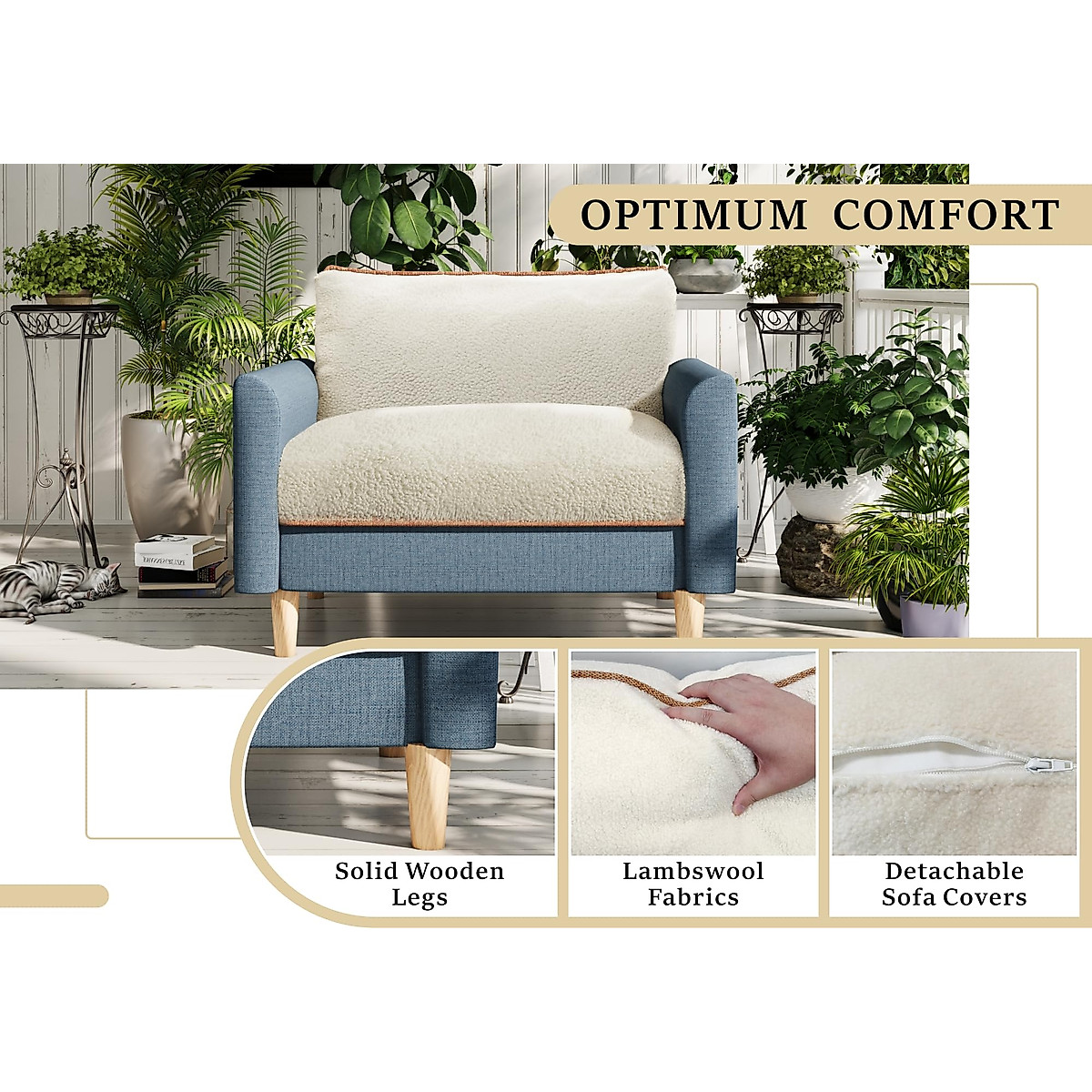 Woyomeub Couches for Living Room Accent Chair 45" Living Room Armchair, 1.5 Seater Sofa Teddy Fleece Fabric, Beige & Blue