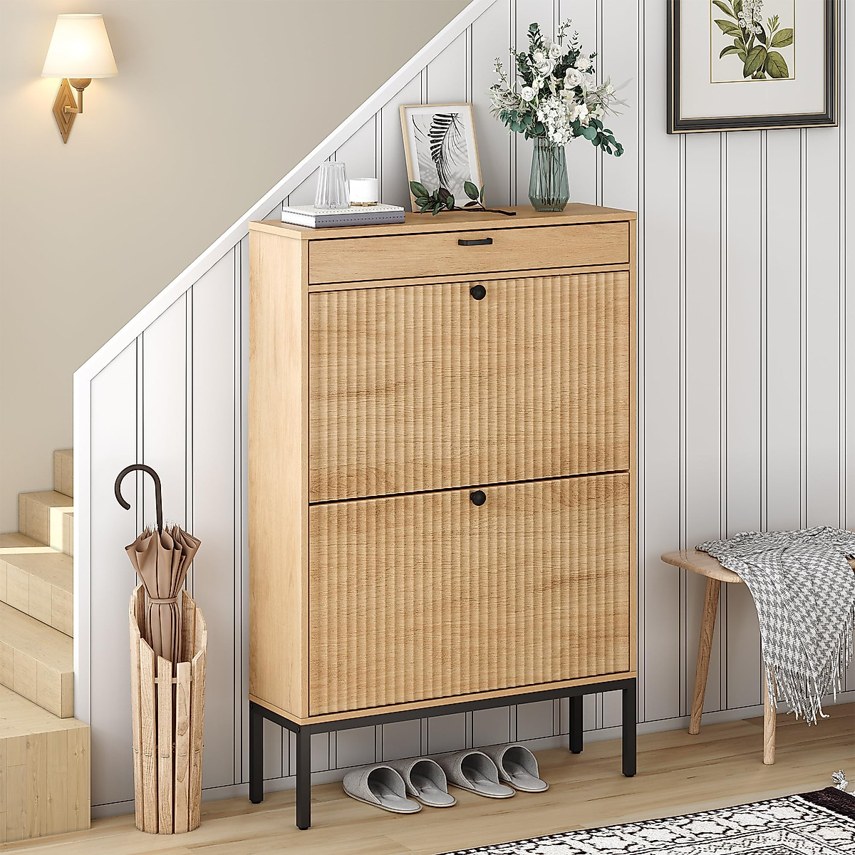 Brafab Shoe Storage Cabinet with 2 Flip Drawers&1 Small Drawer, Slim Entryway Shoe Organizer with Fluted Panel Doors for Sneakers,Light Beige