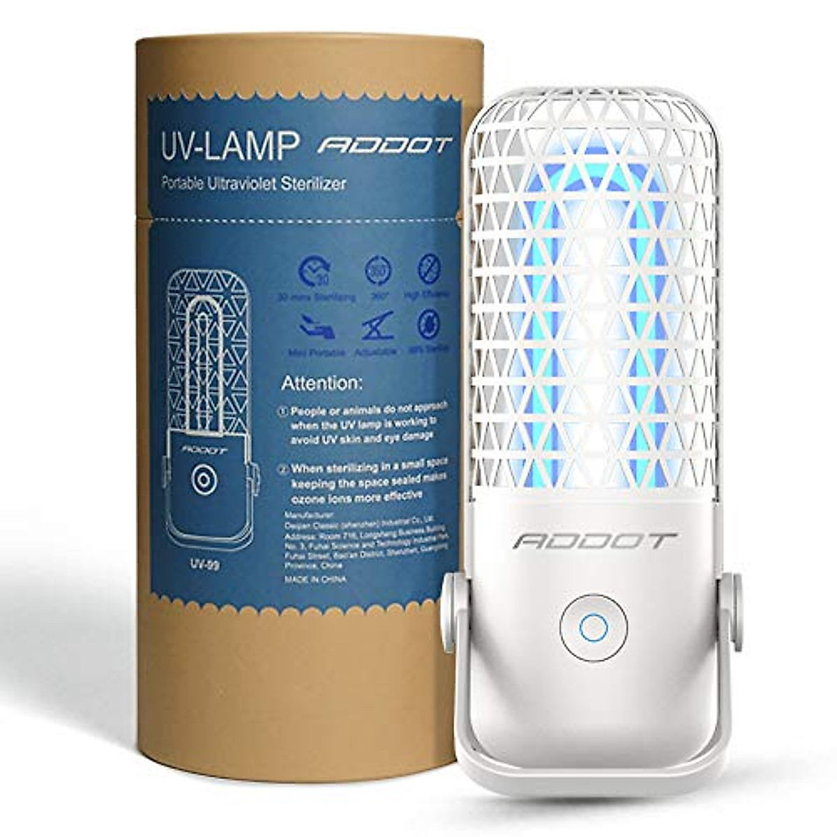 ADDOT Mini Portable UVC, UV Light Sanitizer lamp, Ultraviolet Ozone Double Germicidal Lamp - Sanitize for Small Spaces, Hotels, Kitchen, Car, EPA Registered (white2)