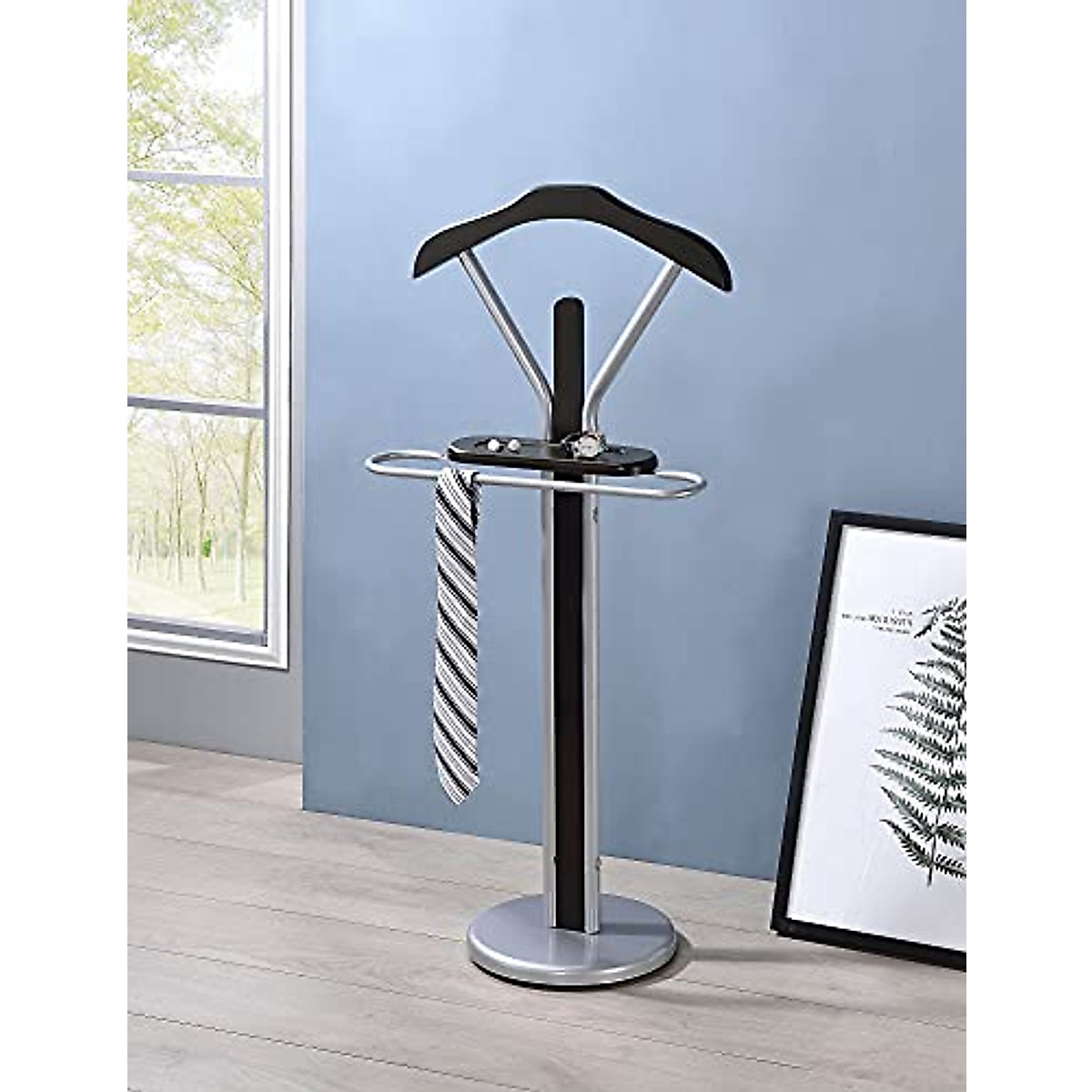 Pilaster Designs Modern Frewyn Suit & Tie Valet Stand Clothing Rack, Walnut Wood & Chrome Metal