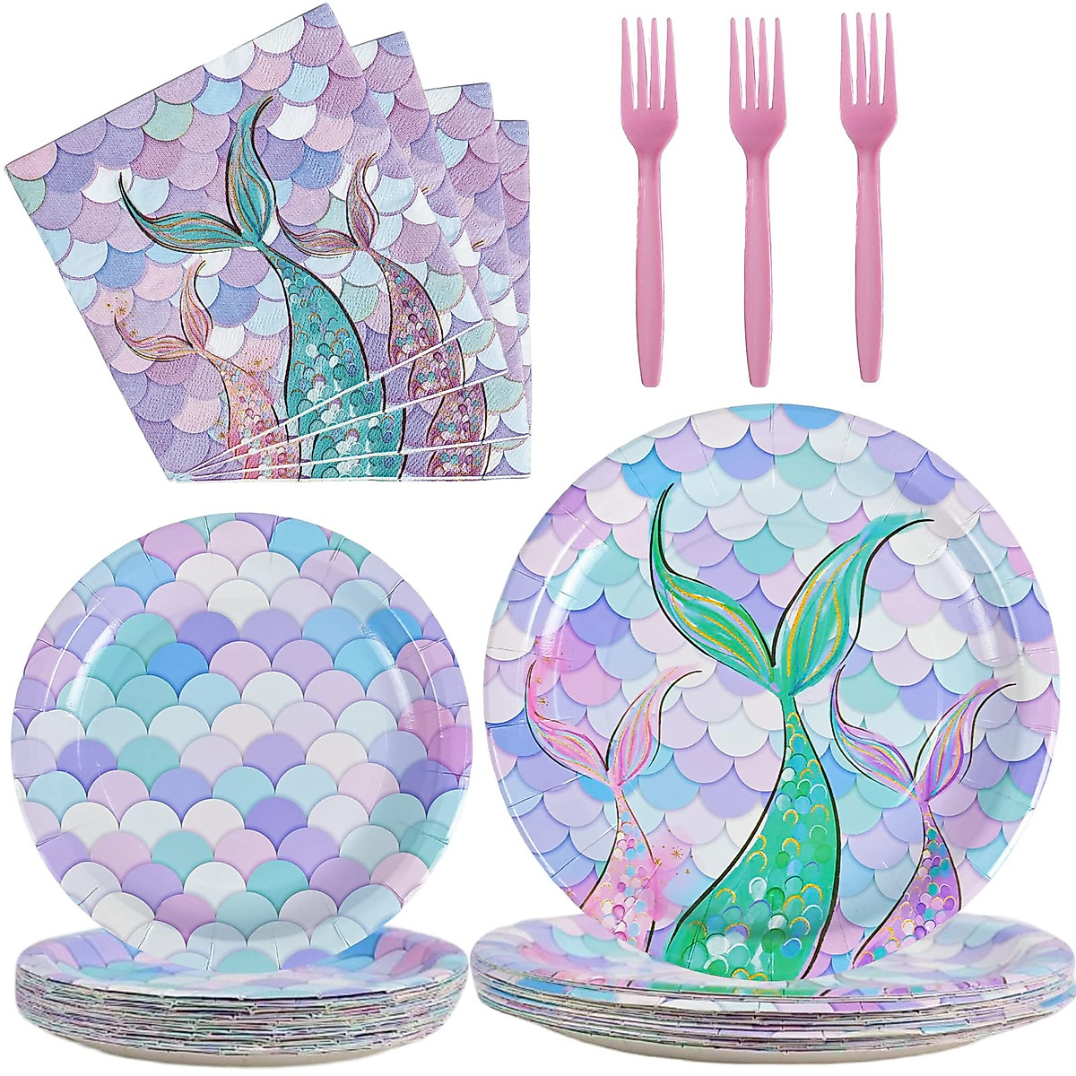 Mermaid Paper Plates and Napkins for Kids Party Purple Mermaid Tail Theme Plates Forks Set Disposable Tableware Girls Birthday Dessert Tea Party Decoration Under the Sea Supplies