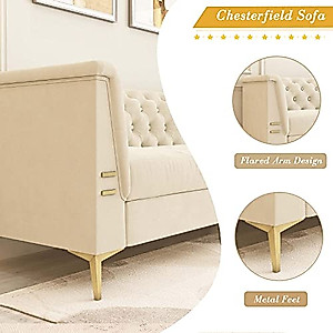 Lunanniu Beige Velvet Couch Sofa, 82" Mid-Century Modern 3 Seater Couches with Flared Arms and Removable Cushions, Upholstered Tufted Chesterfield Velvet Sofa with Gold Legs for Living Room (Beige)