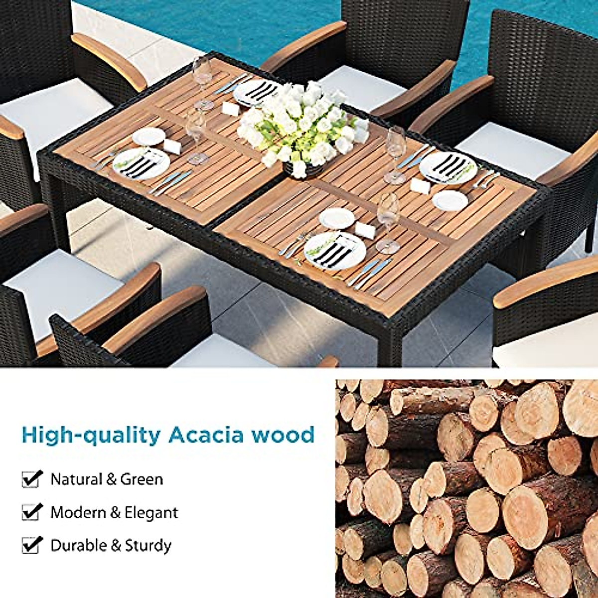 7 Pieces Outdoor Dining Set, Wicker Patio Dining Set for 6, All-Wheather Outdoor Table and Chairs with Acacia Wood Table Top and Cushions for Backyard, Garden, Poolside (Black)