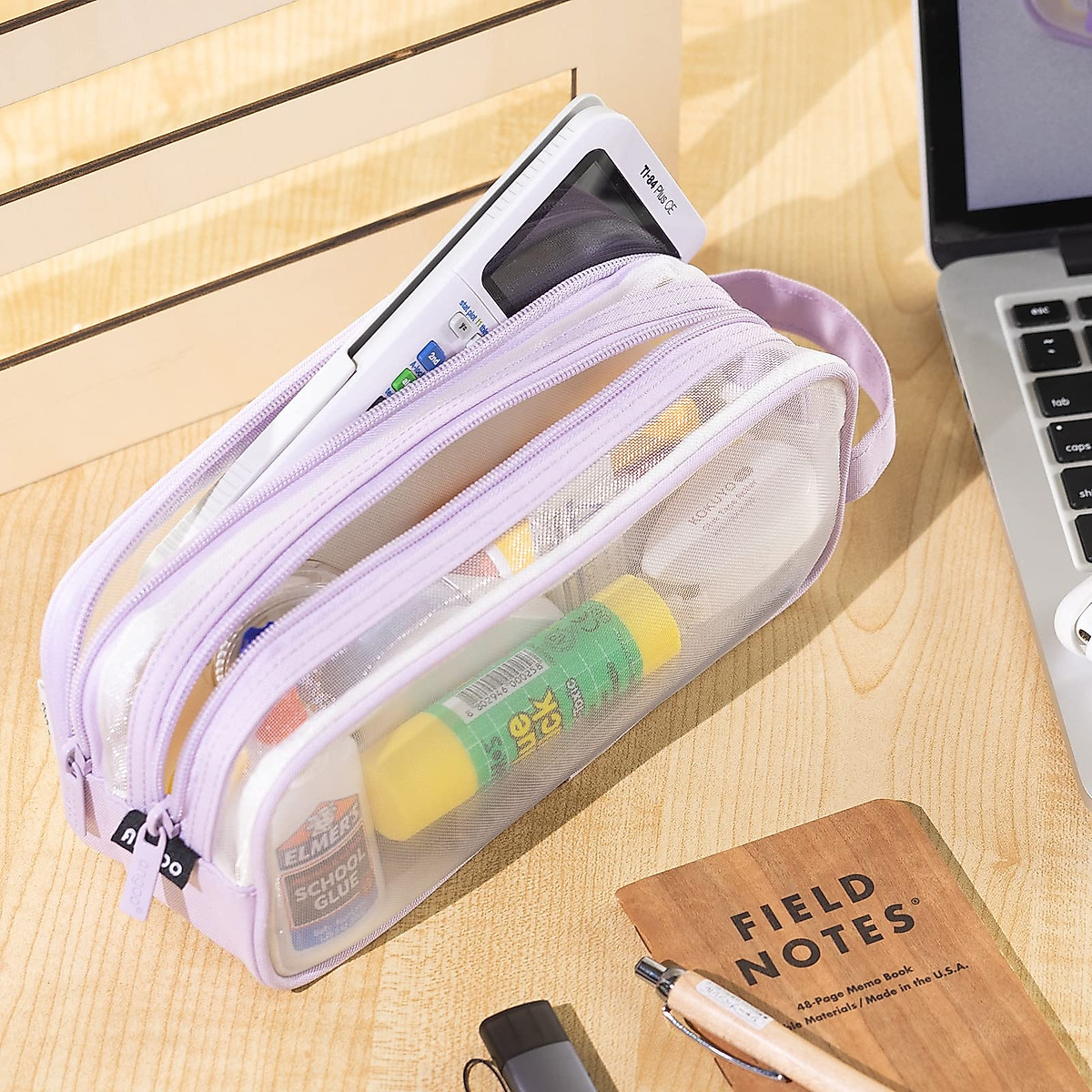 ANGOOBABY Large Grid Mesh Pencil Case 2 Compartment Pen Bag Clear Handheld Multifunction Pencil Pouch Transparent Makeup Bag for Teen Student College Business Travel Office Adult - Purple