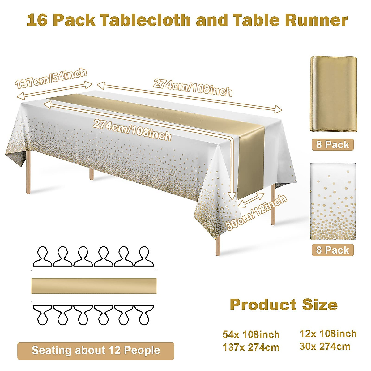 16Pack Disposable Plastic Tablecloths and Satin Table Runner Set White and Gold Dot Tablecloth Gold Satin Table Runner for Wedding Birthday Baby Shower Anniversary Christmas New Year Party Decorations