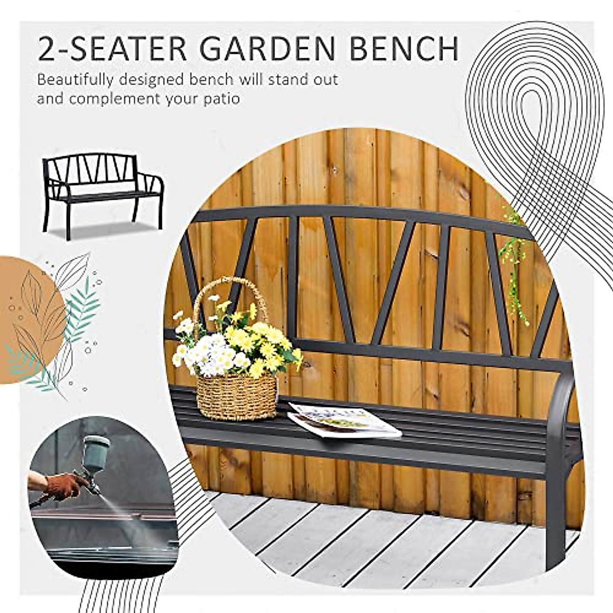 Outsunny 2-Seater Outdoor Garden Patio Bench with a Solid Metal Build, Decorative Backrest, & Ergonomic Comfort Armrests
