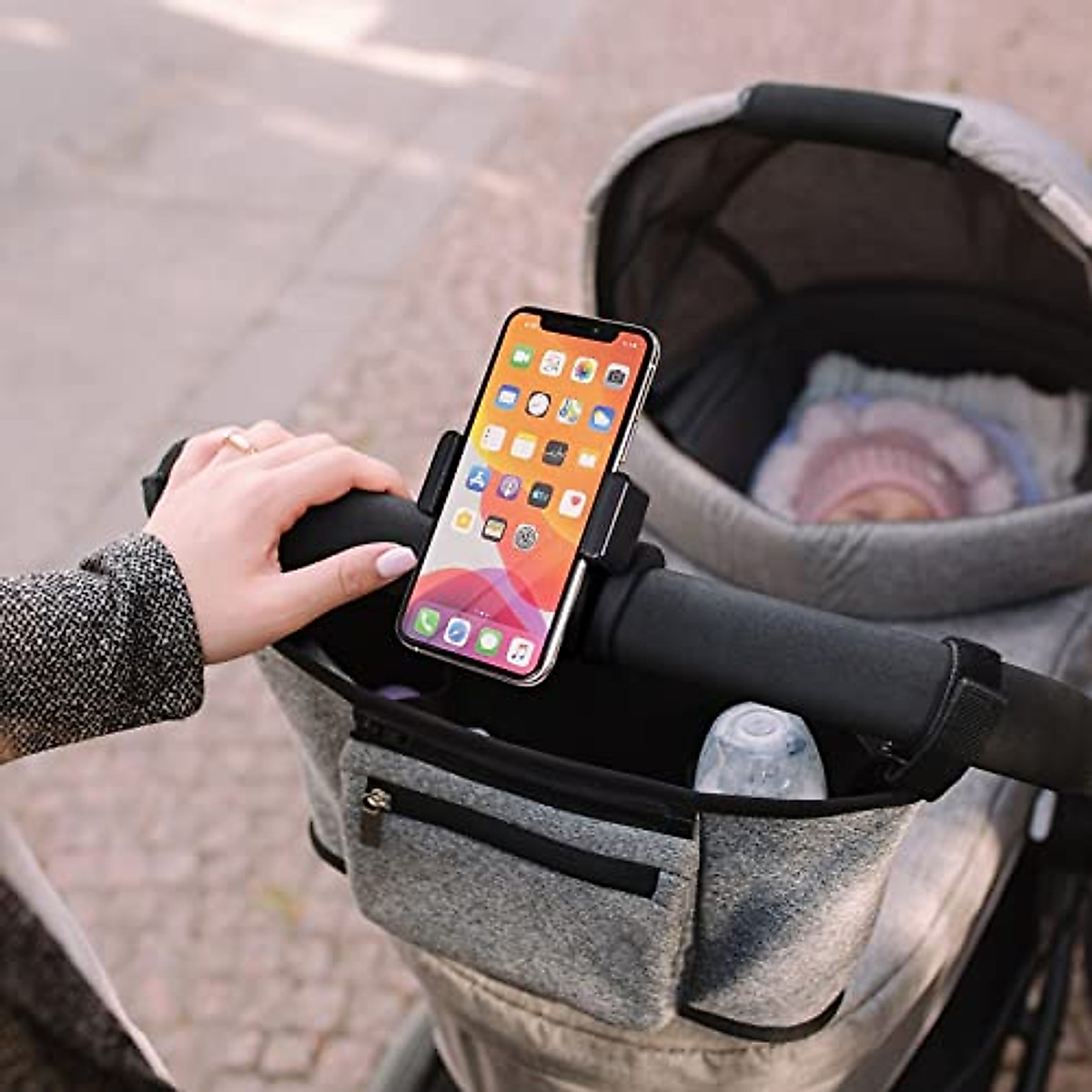 liuliuby Stroller Phone Holder Accessory - Universal Stroller Accessories for Parent, Baby & Toddler – Phone Clamp with Non-Slip Silicon Arm Grip for Belly Bar, Hand Bars, Frames, Shopping Carts