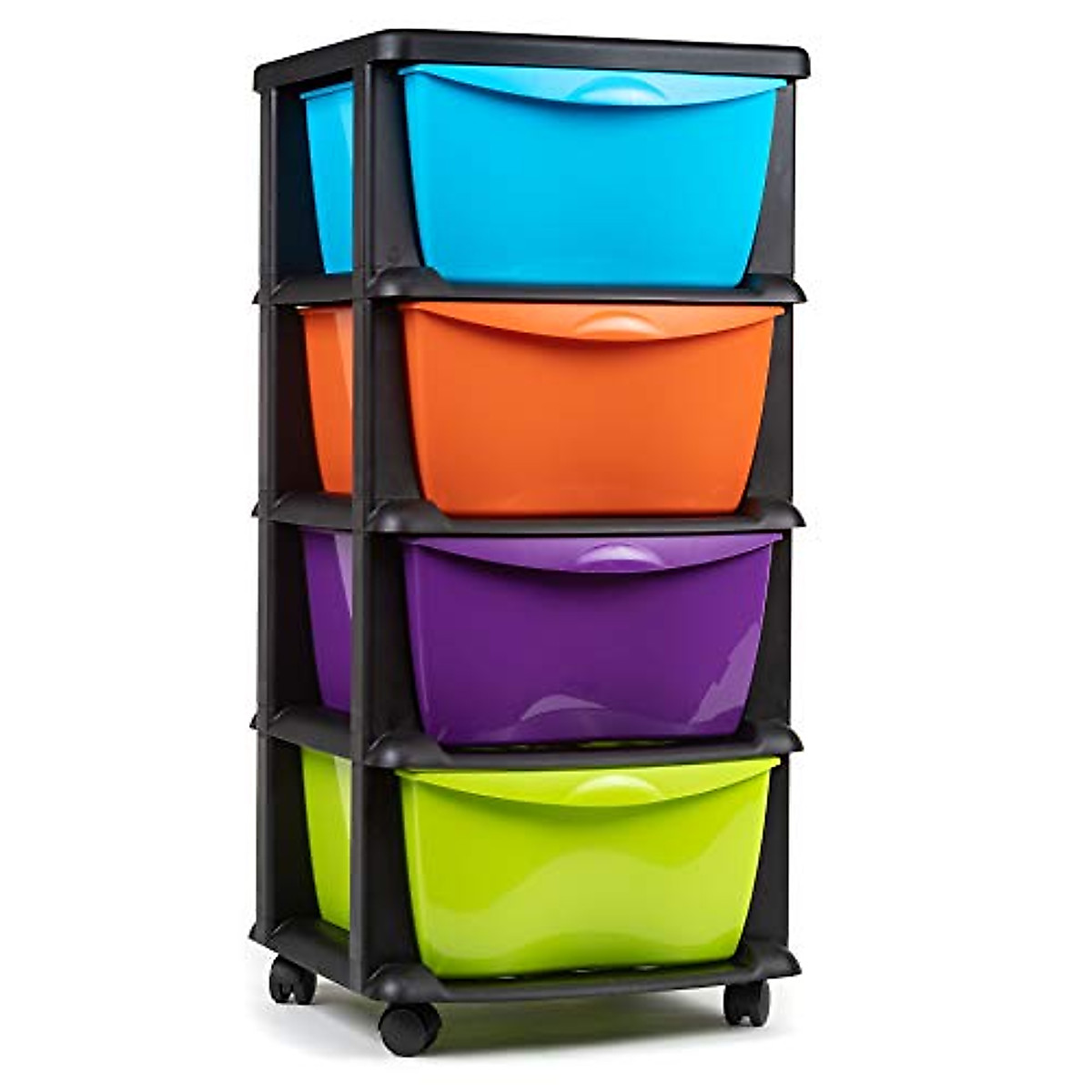 Maxi Nature Plastic Storage Drawers on Wheels - Sturdy Frame, Durable, Heavy Duty Organiser - 4 Tier Large Storage Unit for Bedroom, Bathroom, Garage, Office - Made in Europe - Multicolour