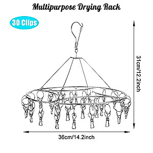 HOSTK Stainless Steel Round Clothes Drying Racks 30 Clips, Square Windproof Laundry Drip Hanger 36 Clips with 10 Replaceable Clips for Socks, Towels, Baby Clothes, Underwear, Hat, Scarf, Gloves