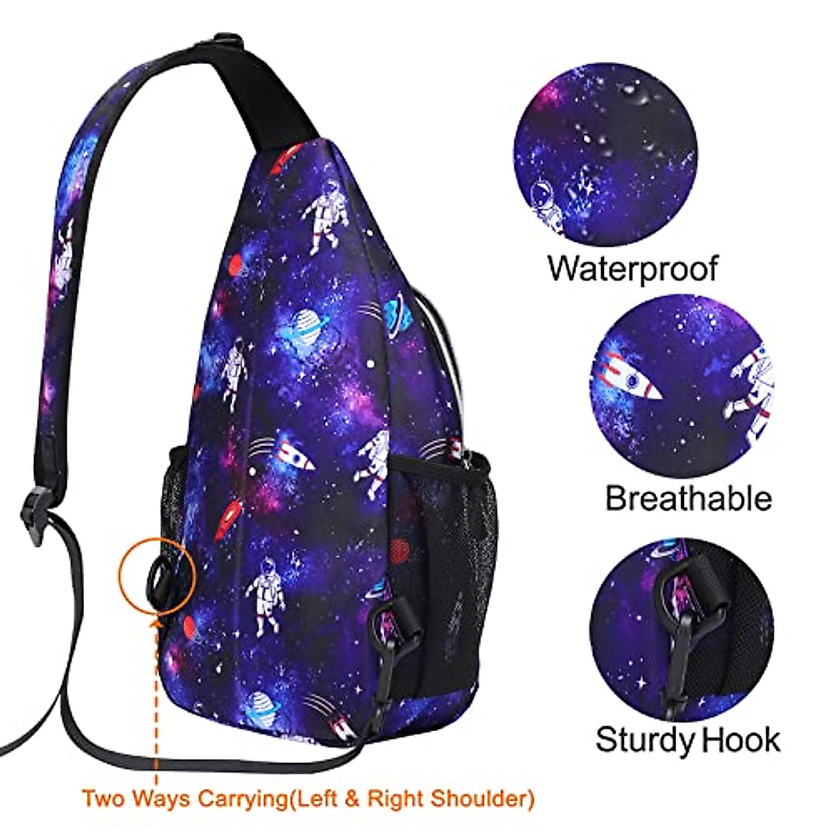 MOSISO Sling Backpack,Travel Hiking Daypack Pattern Rope Crossbody Shoulder Bag, Flamingo&Spacewalking Astronauts