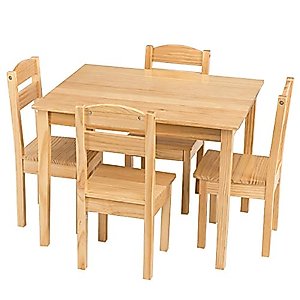 Nightcore Kids Wooden 4, Activity 2 to 6 Years, Toddler Game, Playroom Furniture, Picnic w/Chairs, Solid Wood 5 Piece Dining Table Set, Natural