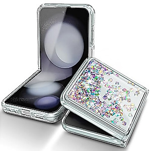 NGB Supremacy Compatible with Samsung Galaxy Z Flip 5 Case (5G 2023) with Ring Holder/Wrist Strap, Liquid Sparkle Floating Glitter Cute Girls Women Protective Case (Crystal Gem)