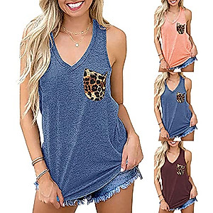 wodceeke Women's Tank Tops With Leopard Print Pocket Sleeveless V-neck Loose Vest Summer Casual Tee Top (Brown, XL)