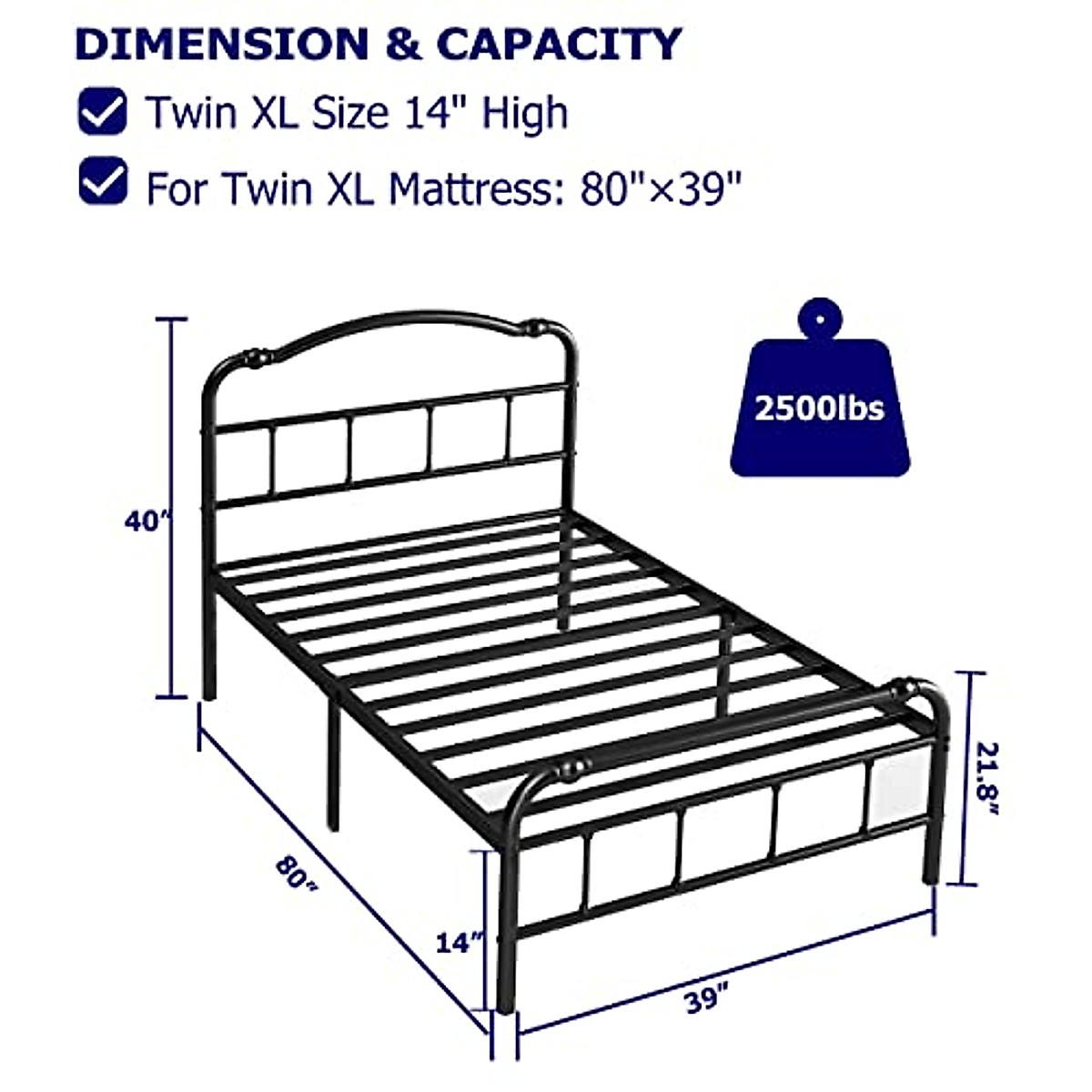 FDLOGW Twin XL Size Bed Frame with Headboard and Footboard, 14 Inch High, No Box Spring Needed Heavy Duty Metal Platform Bedframe, Noise Free