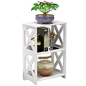 Rerii End Table, Side Table 3 Tier, Simple Bedside Nightstand, 2 Shelf Small Bookshelf Bookcase, Display Rack for Bathroom, Bedroom and Living Room, White