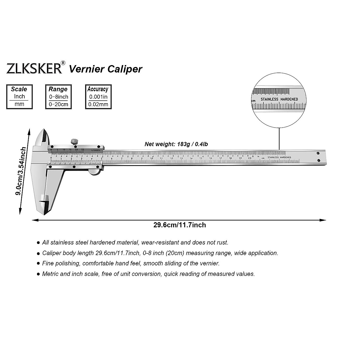 ZLKSKER 8 Inch / 20 cm Micrometer Vernier Caliper, Stainless Steel Precision Measuring Tool (Inch/Metric), Depth/Inside/Outside/Step Measurement, Accuracy 0.001" / 0.02mm