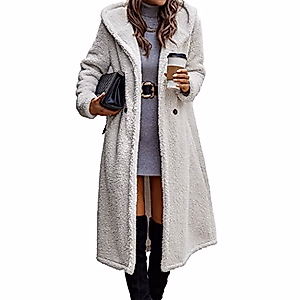 PRETTYGARDEN Women's Fashion Winter Coats Fuzzy Fleece Long Hooded Jackets Button Down Faux Fur Warm Outerwear (Beige White,Medium)