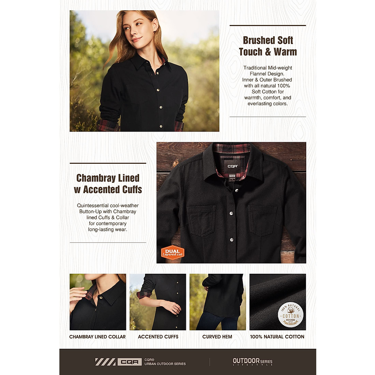 CQR Women's Plaid Flannel Shirt Long Sleeve, All-Cotton Soft Brushed Casual Button Down Shirts, Flannel Plaid Shirts Solid Black, Large