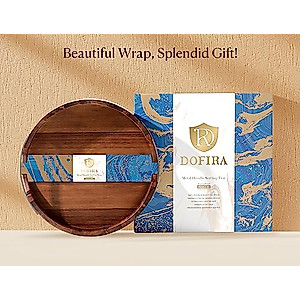 Dofira Acacia Wood Serving Tray with Metal Handles, 14" Round Food Drinks Tray for Coffee Table, Breakfast, Dinner & Bar, Rustic Decorative Storage Tray for Ottoman, Kitchen, Bedroom (Gift Packaging)