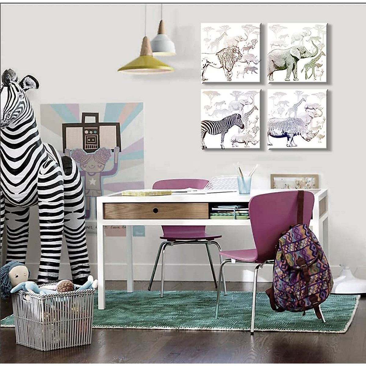 Animal Canvas Wall Art Safari Zoo Elephant Lion Zebra and Rhino Nursery Decor Printed Artwork Framed for Children's Room Bedroom Farmhouse Animal Wall Decoration Ready to Hang (12"x12"x4pcs)