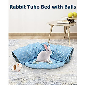 BNOSDM 2-in-1 Rabbit Tunnel Bed for Bunnies Tube Collapsible Removeable Mat Rabbits Tunnels Tubes Toys Small Animal Hideout for Pet Kittens Chinchilla Ferrets Guinea Pigs Hamster Blue
