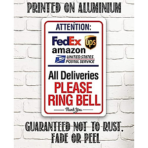 Delivery Sign for Package and Box Deliveries - Please Ring Bell Instructions - Directional Deliveries Metal Sign for Home Office, Porch Entryway Gate, 8x12 Aluminum Safe Use Indoors or Outdoors