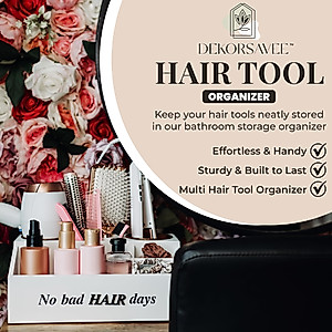 Hair Tool Organizer w/ 7 Compartments - Wooden Hair Product Organizer - Hair Straightener, Brushes, Bathroom Hair Dryer Holder w/ 2 Rose Gold Cups - Hot Tools Organizer for Bathroom Counter or Vanity