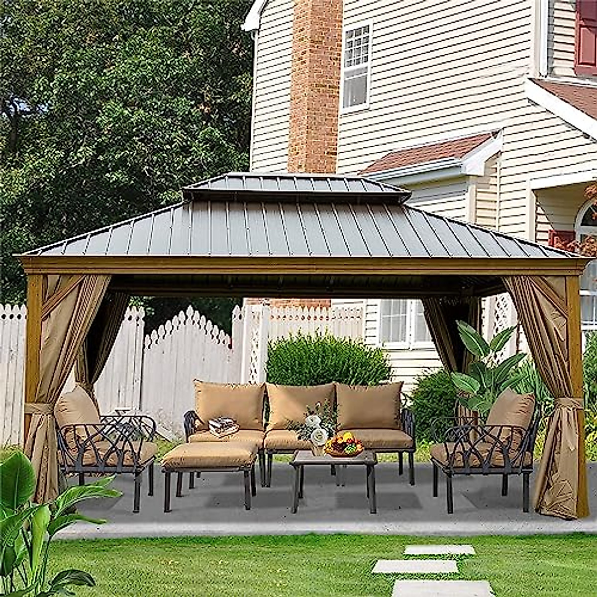 Jaxenor 12'x16' Outdoor Hardtop Gazebo - Aluminum Wood Grain Finish - Galvanized Steel Double Canopy - Ideal for Patios, Decks, and Backyards - Includes Curtains and Netting - Wood-Looking Design