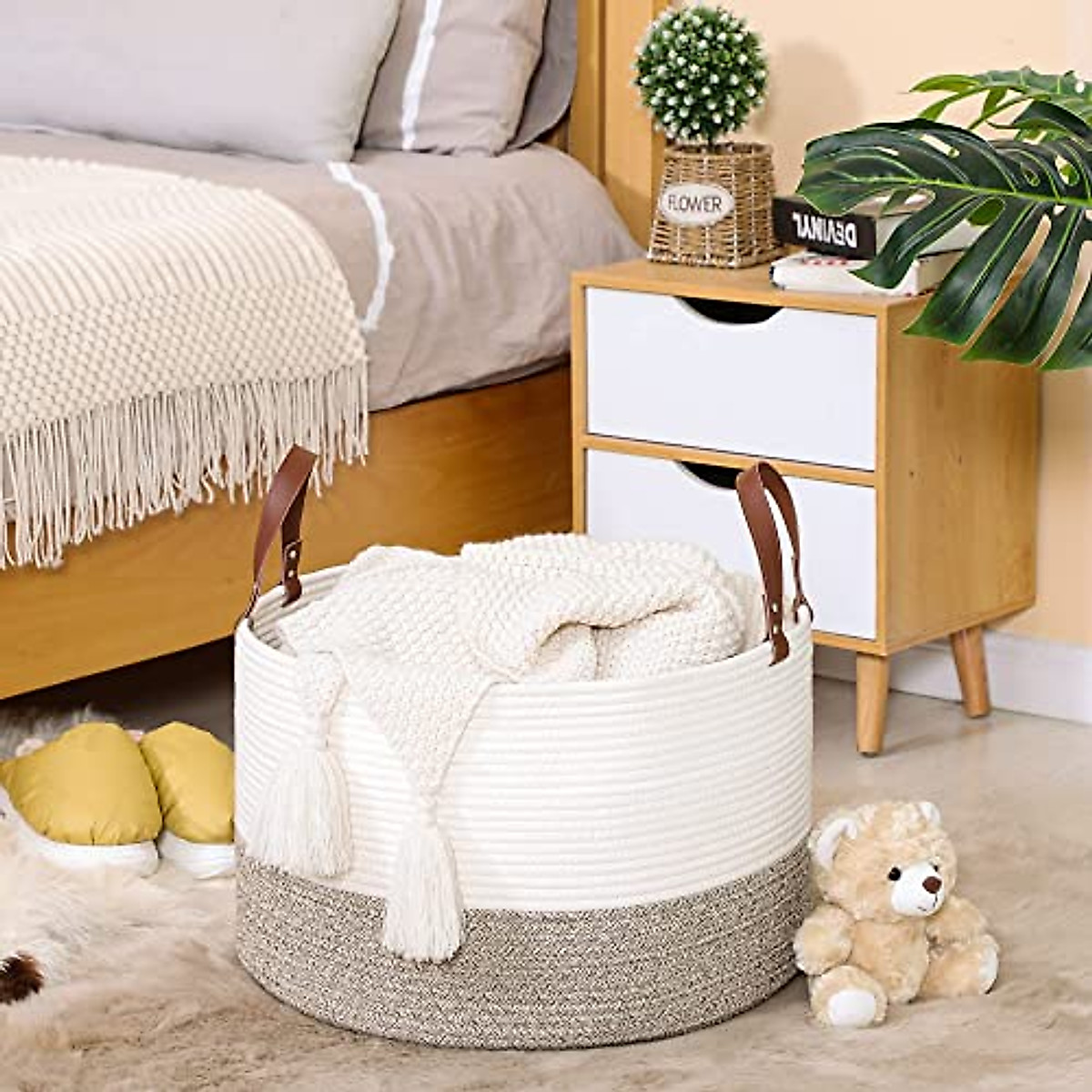 KAKAMAY Large Cotton Rope Blanket Basket (20"x13"),Woven Baby Laundry Hamper，Blanket Basket for Nursery, Laundry, Living Room, Pillows, Toys with Handles （White）