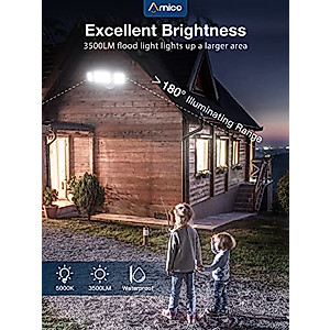 Amico LED Flood Lights Outdoor 3500LM Security Light, 30W Bright Outdoor Flood Light, 5000K Daylight White, IP65 Waterproof 3 Adjustable Heads for Garage, Backyard, Patio, Garden, Porch&Stair(White)